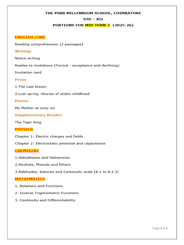 XII STD Mid Term-1 Portions 25-261744801782 | PDF