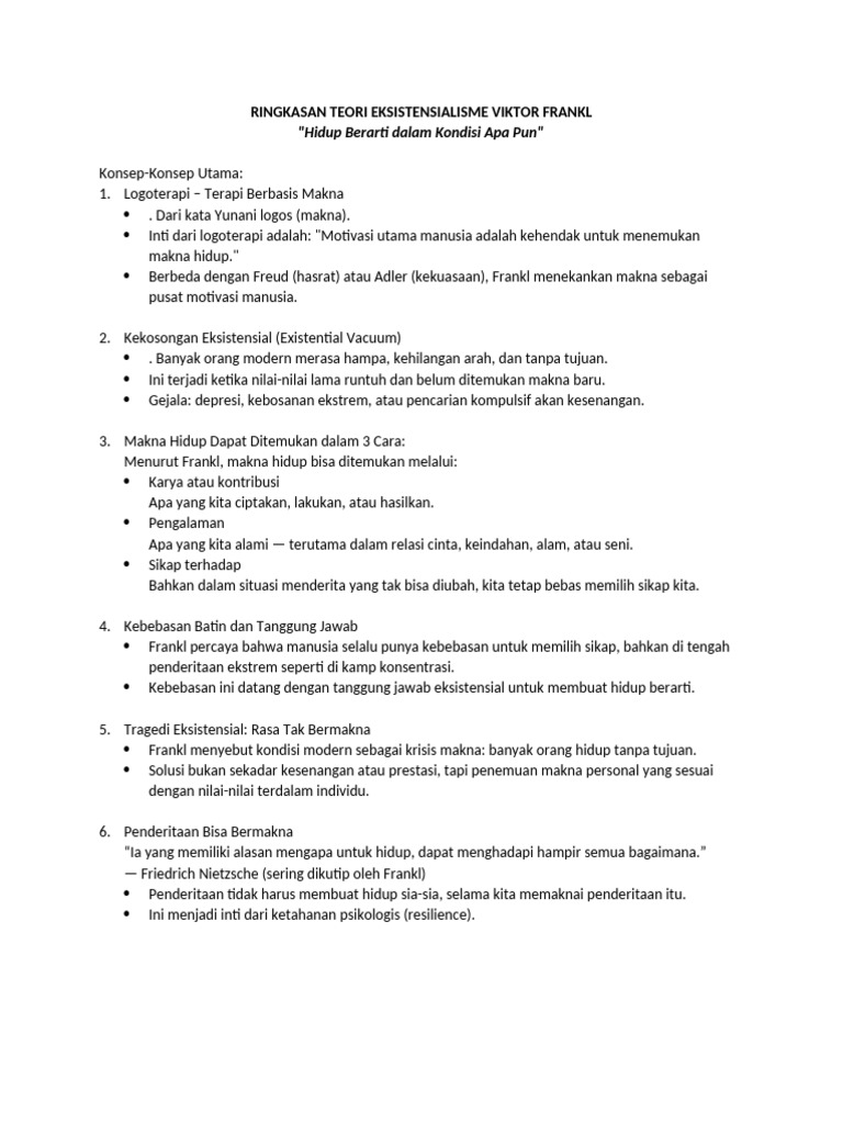 Ringkasan Teori Eksistensialisme Viktor Frankl | PDF