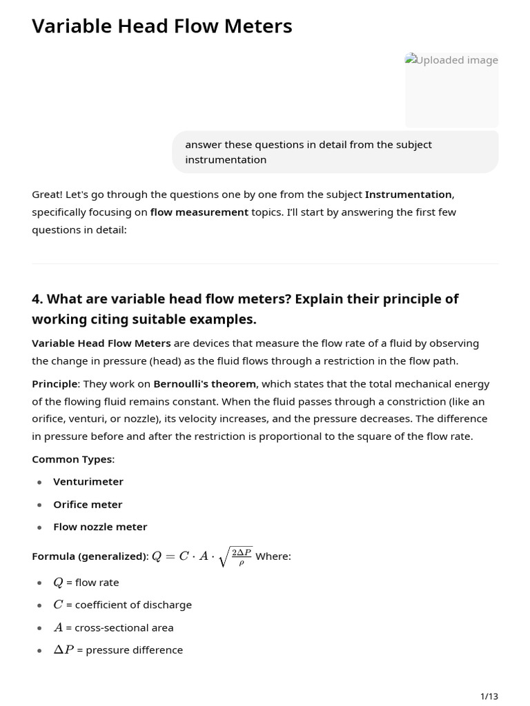 Variable Head Flow Meters | PDF | Flow Measurement | Fluid Dynamics