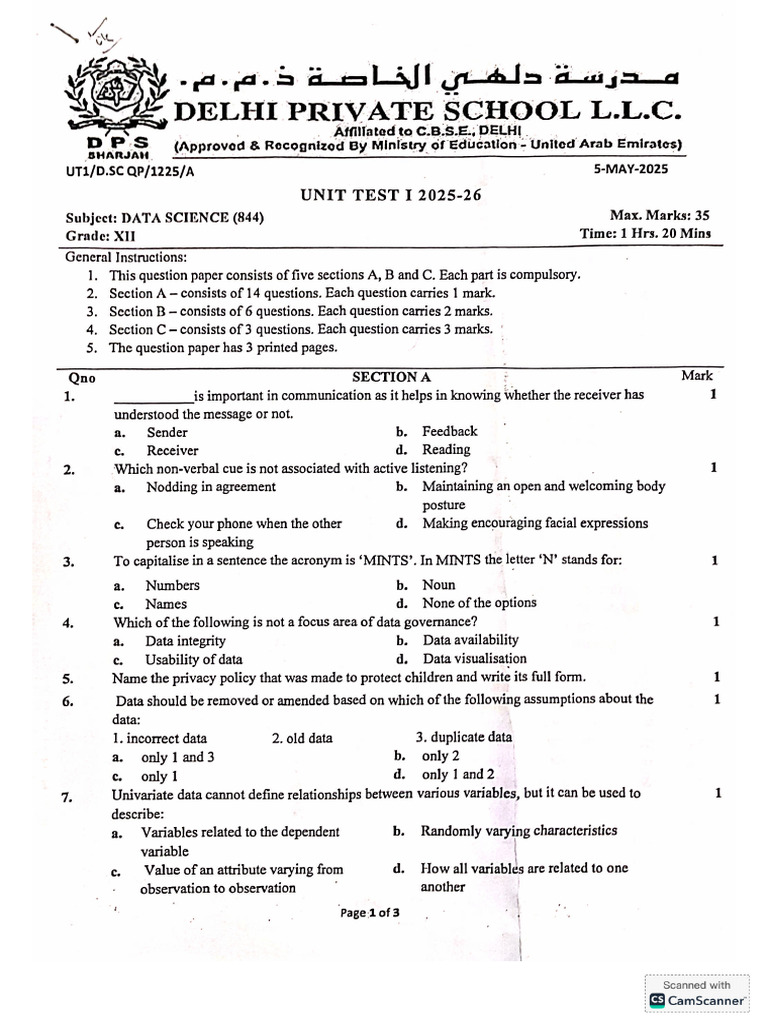Data Science Unit Test 1 Paper | PDF