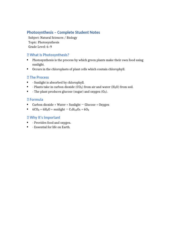 Complete Photosynthesis Notes | PDF