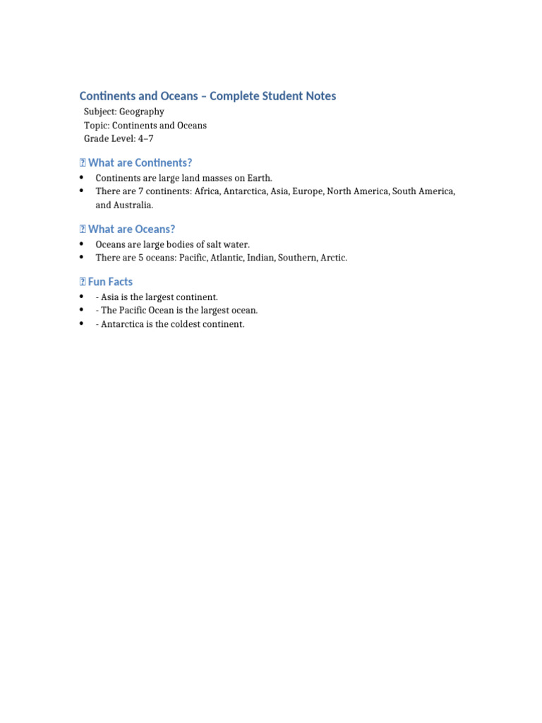 Complete Continents Oceans Notes | PDF