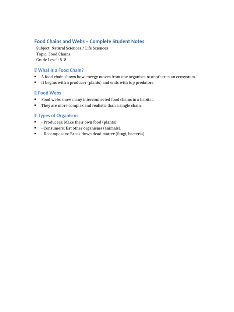 Food Chains and Webs Study Guide | PDF