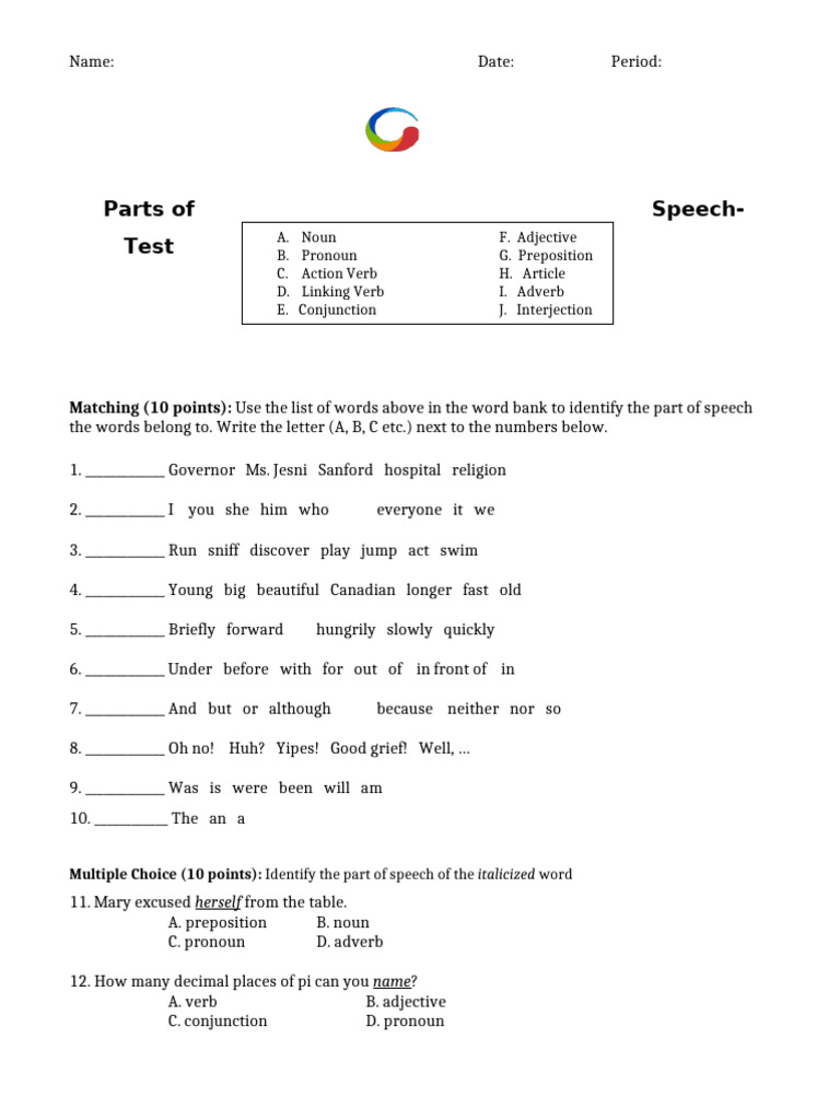 Parts of Speech Test Worksheet | PDF | Part Of Speech | Adverb