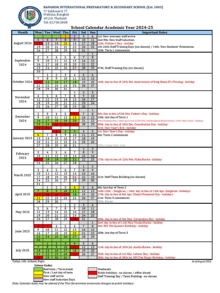 Bangkok Prep School Calendar 2024-25 | PDF | Entertainment Events ...