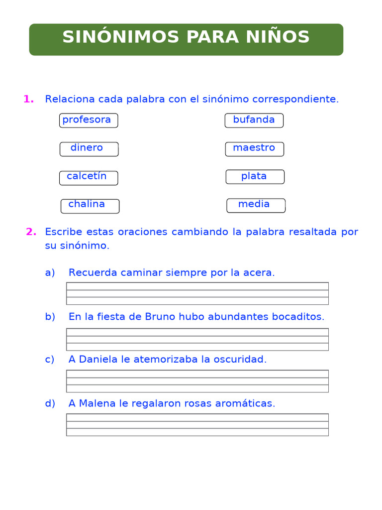 Sinónimos para Niños para Segundo Grado de Primaria | PDF