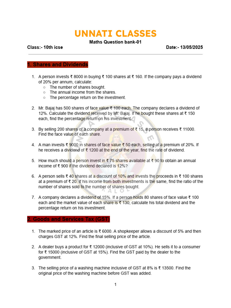 Class 10th ICSE Maths Question Bank-01 - Watermark | PDF | Value Added ...