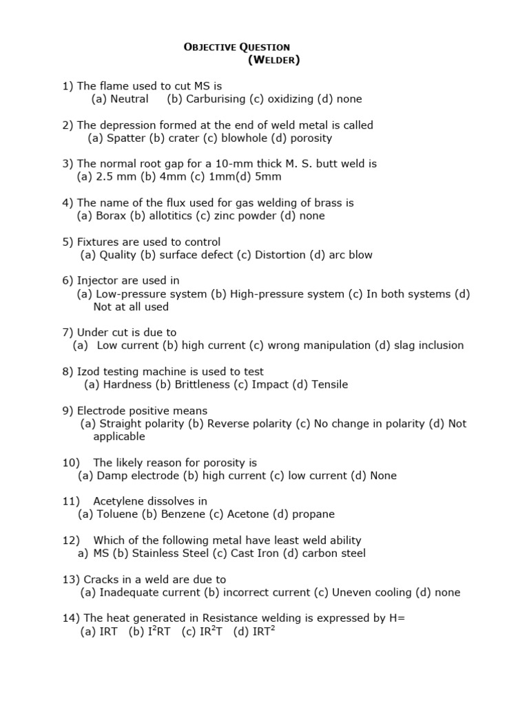 Welder Objective Questions for Exam Prep | PDF | Welding | Construction