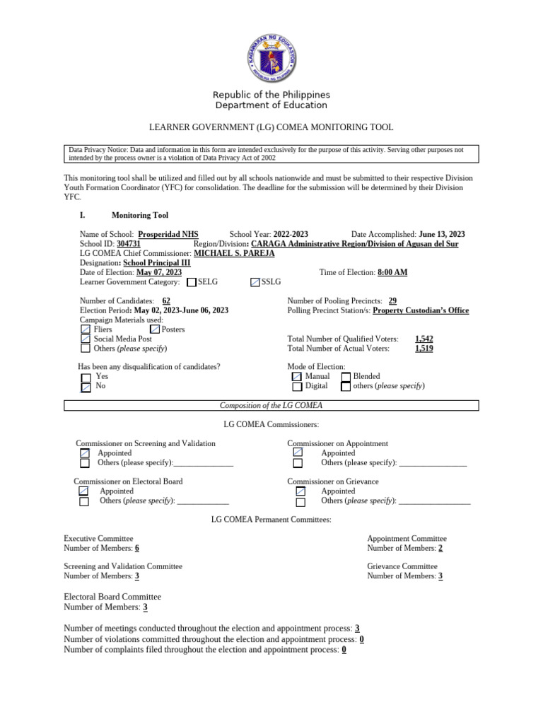 Learner Government (LG) COMEA Monitoring Tool | PDF | Accountability ...