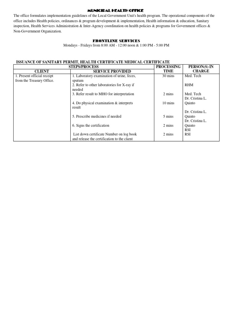 Mho Issuance of Sanitary Permit Health Certificate and Medical Certificate | PDF
