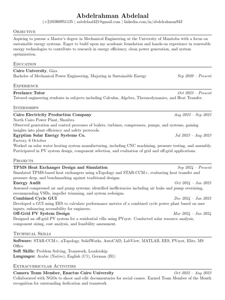 Abdelrahman Abdelaal Resume 2025 | PDF | Off The Grid | Heat
