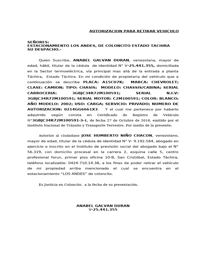 Autorizacion para Retirar Vehiculo Anabel | PDF