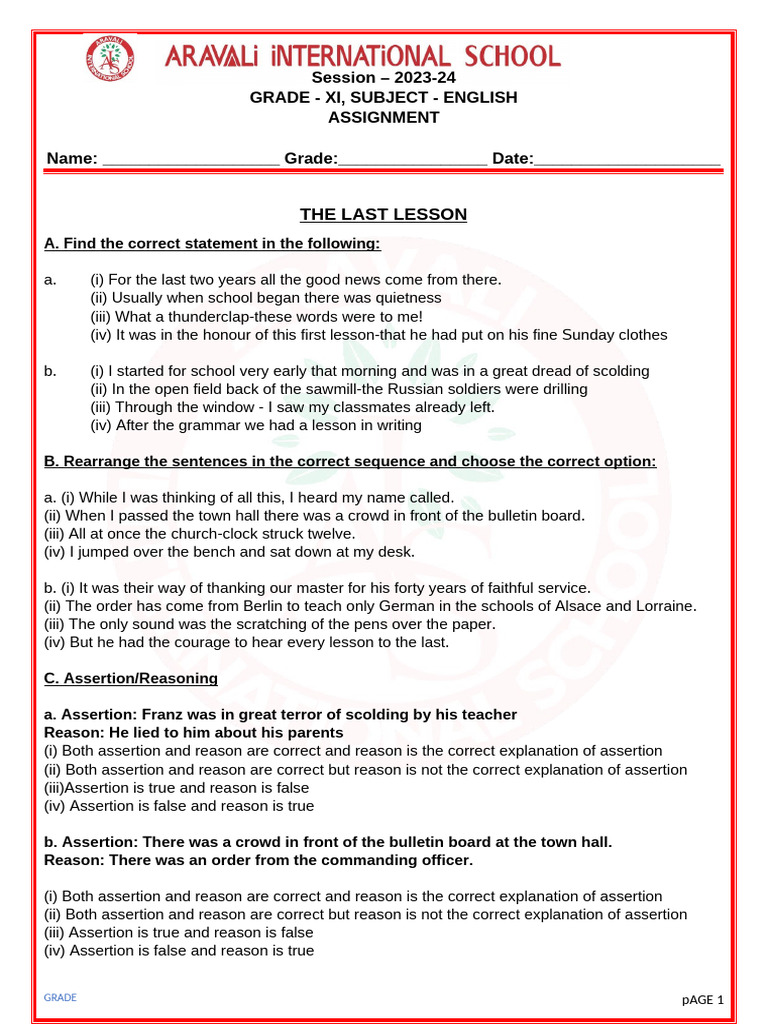 ASSIGNMENT The Last Lesson | PDF