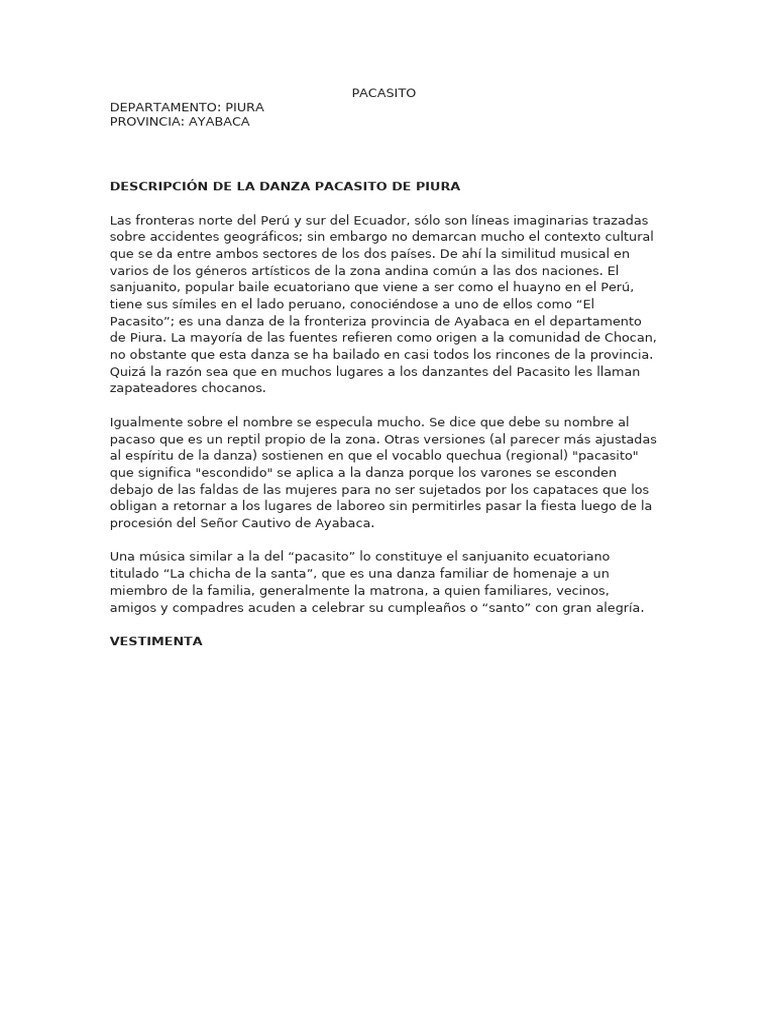 Vestimenta y danza del Pacasito en Piura | PDF | Perú | Bailes