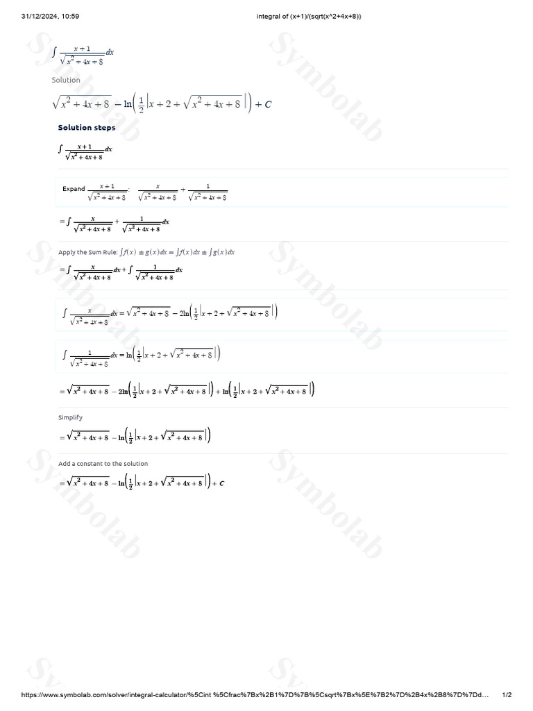 Integral of (x+1) - (SQRT (X 2+4x+8) ) | PDF | Mathematical Relations ...