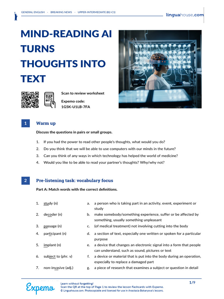 Mind Reading Ai Turns Thoughts Into Text American English Student B2 C1 | PDF | Vocabulary