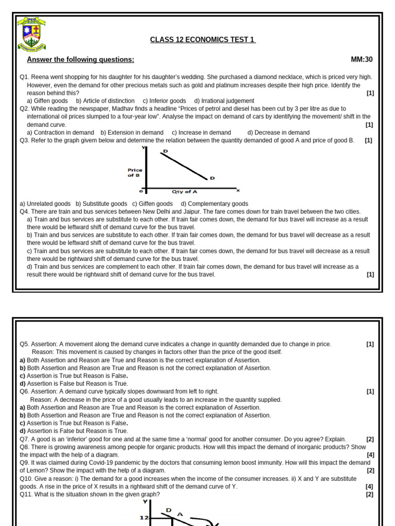 Class 12 Economics Test 1 Demand and Elasticity of Demand | PDF ...