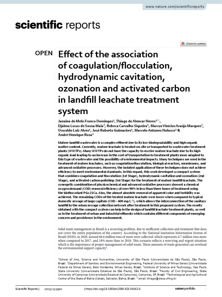 Effect of The Association of Coagulation Flocculation, Hydrodynamic Cavitation, Ozonation and ...