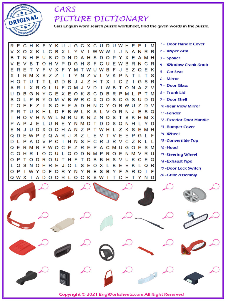 Cars English Word Search Puzzle Worksheet Find The Given Words in The ...