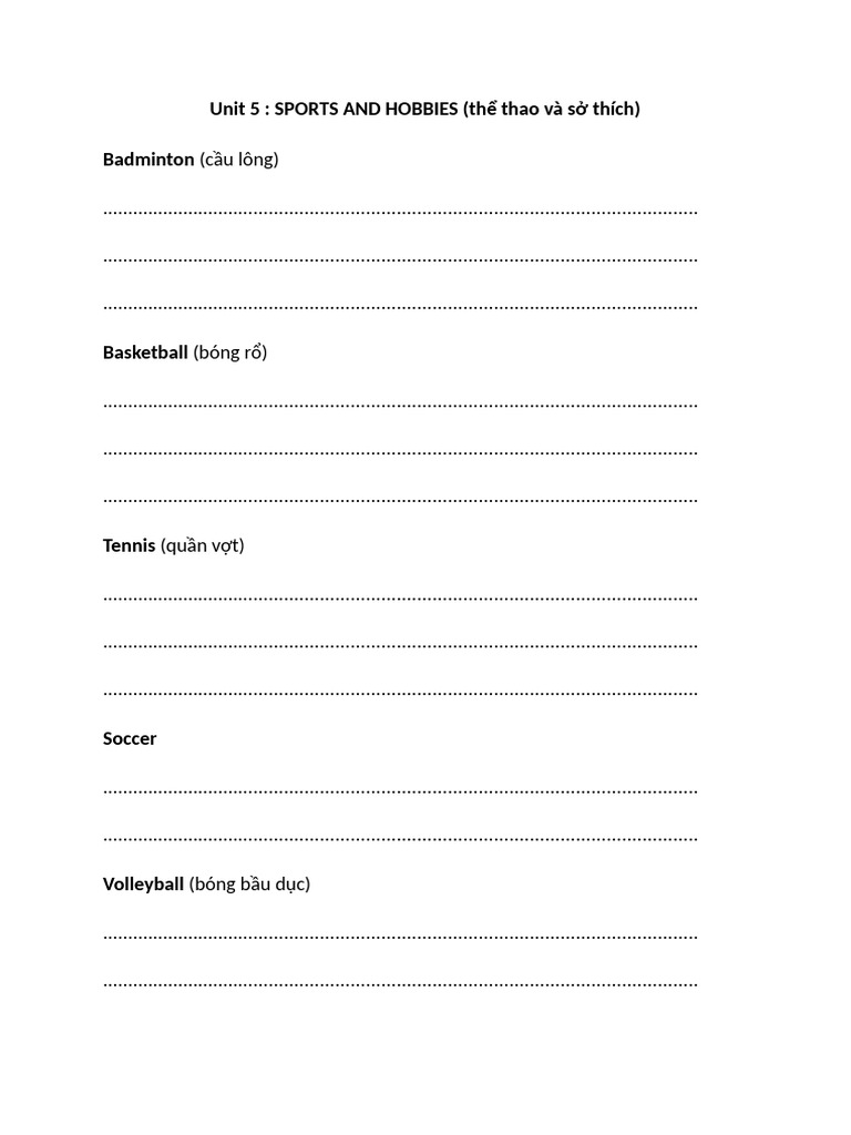 Unit 5: SPORTS AND HOBBIES (thể thao và sở thích) Badminton | PDF