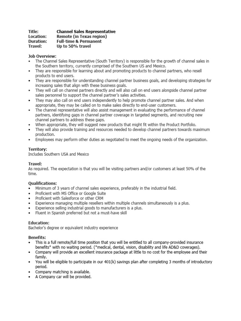 Channel Sales Representative | PDF | Sales | Employment