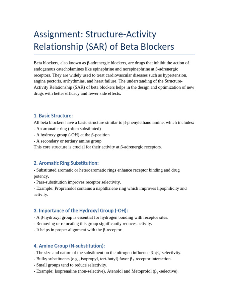 SAR of Beta Blockers Assignment | PDF | Drugs | Drugs Acting On The ...