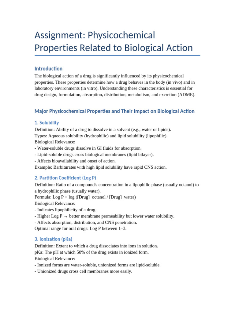 Physicochemical Properties Related To Biological Action Assignment | PDF | Solubility | Chemistry
