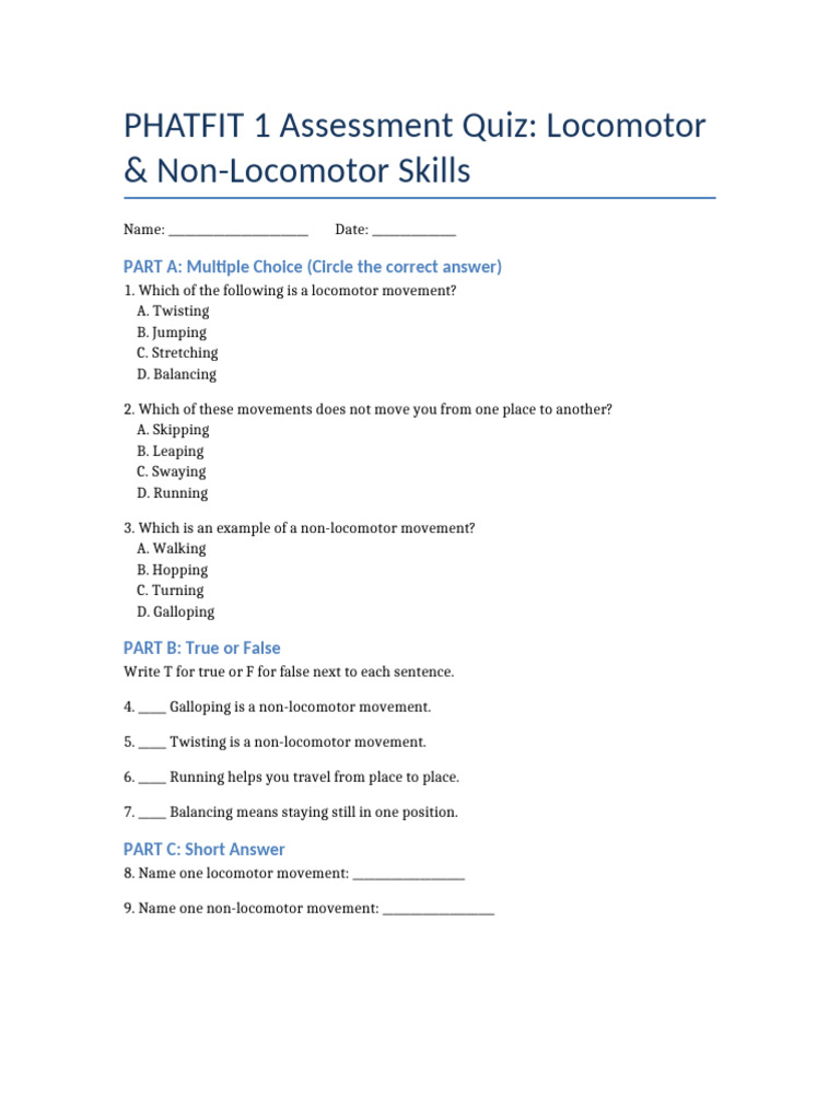 PHATFIT1 Locomotor NonLocomotor Quiz | PDF