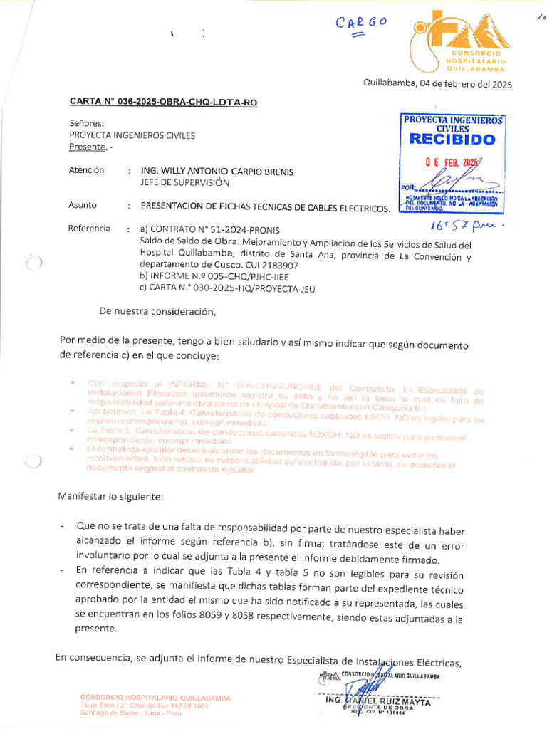 CARTA N°036-2025-OBRA-CHQ-LTDA-RO - PRESENTACION DE FICHAS DE CABLES ELECTRICOS | PDF