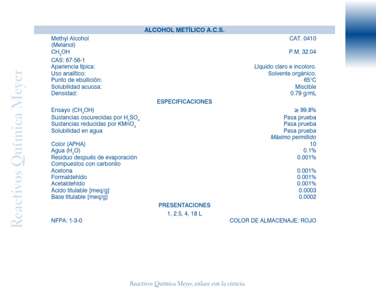 ALCOHOL METILICO Ficha Tecnica - 0410 | PDF | Metanol | Sustancias químicas