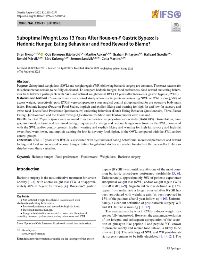 Suboptimal Weight Loss 13 Years After RouxenY Gastric Bypass Is Hedonic ...