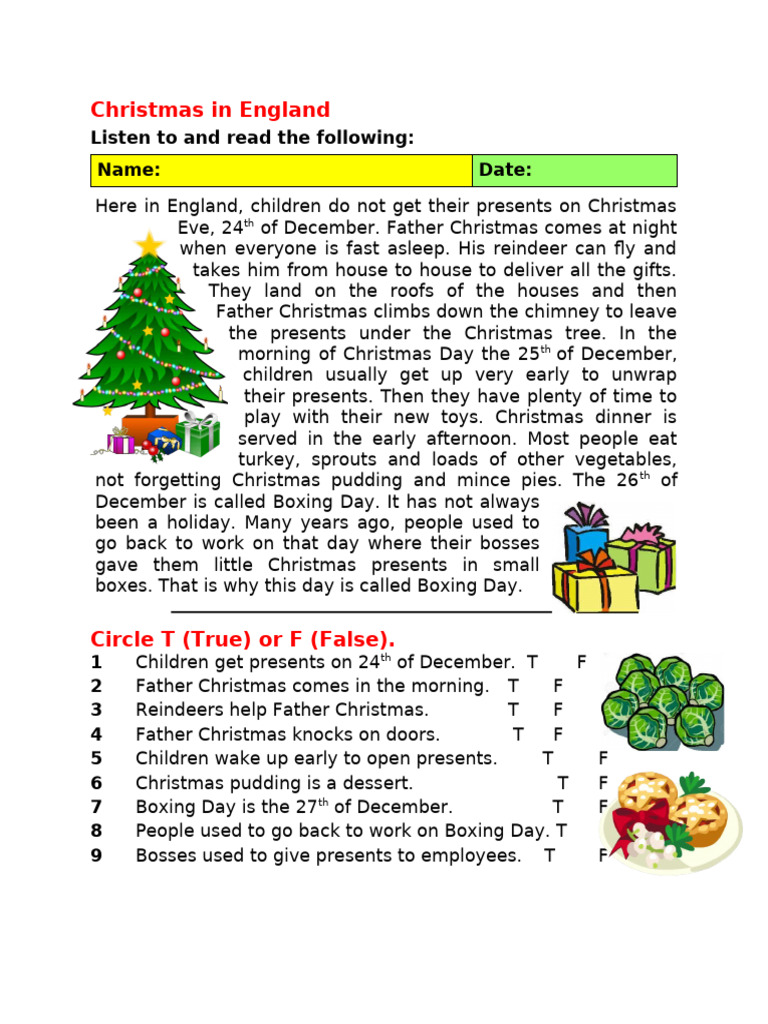 Christmas in England Reading Comprehension Exercises 102303 | PDF