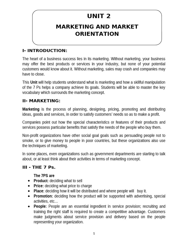Unit 2 Marketing & Market Orientation | PDF | Marketing | Financial Markets