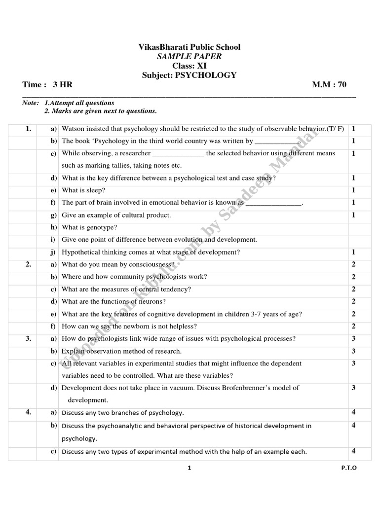 Cbse Class 11th Xi Psychology Sample Paper Vikas Bharti Public School ...