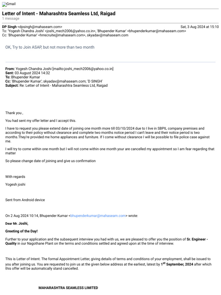 Gmail - Letter of Intent - Maharashtra Seamless LTD, Raigad | PDF ...