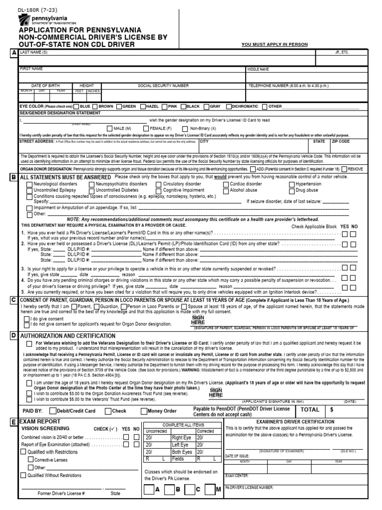 Application For Pennsylvania Non-Commercial Driver'S License by Out-Of ...