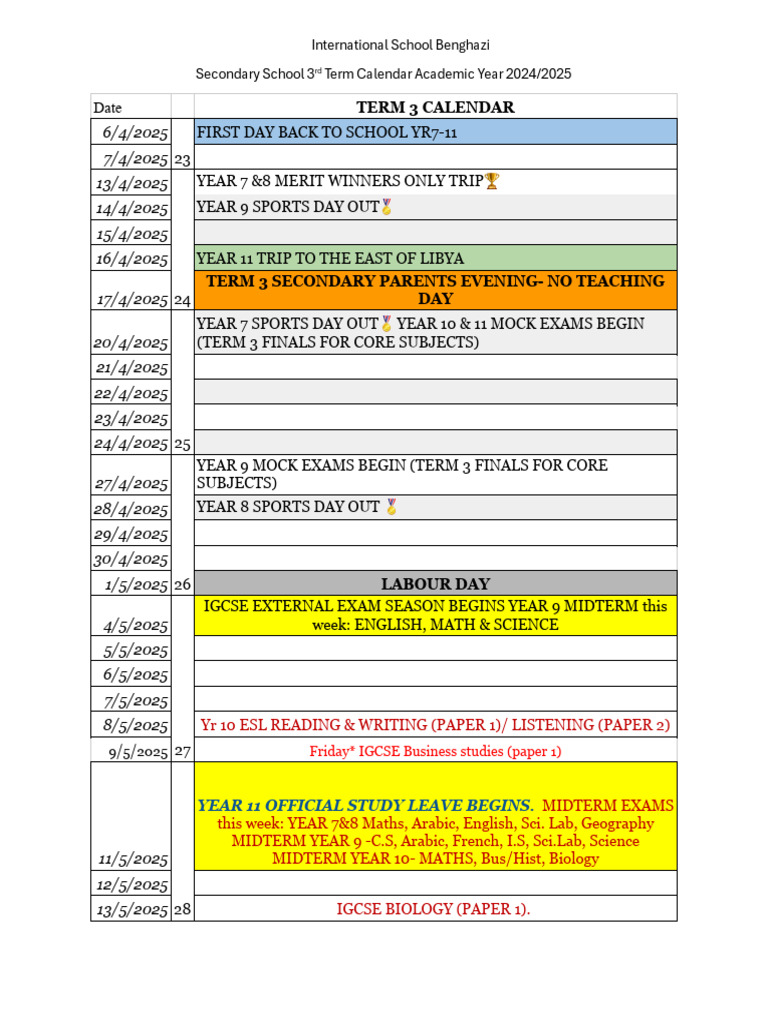 Secondary_Term_3_Calendar_24-25 | PDF | Schools | Educational ...