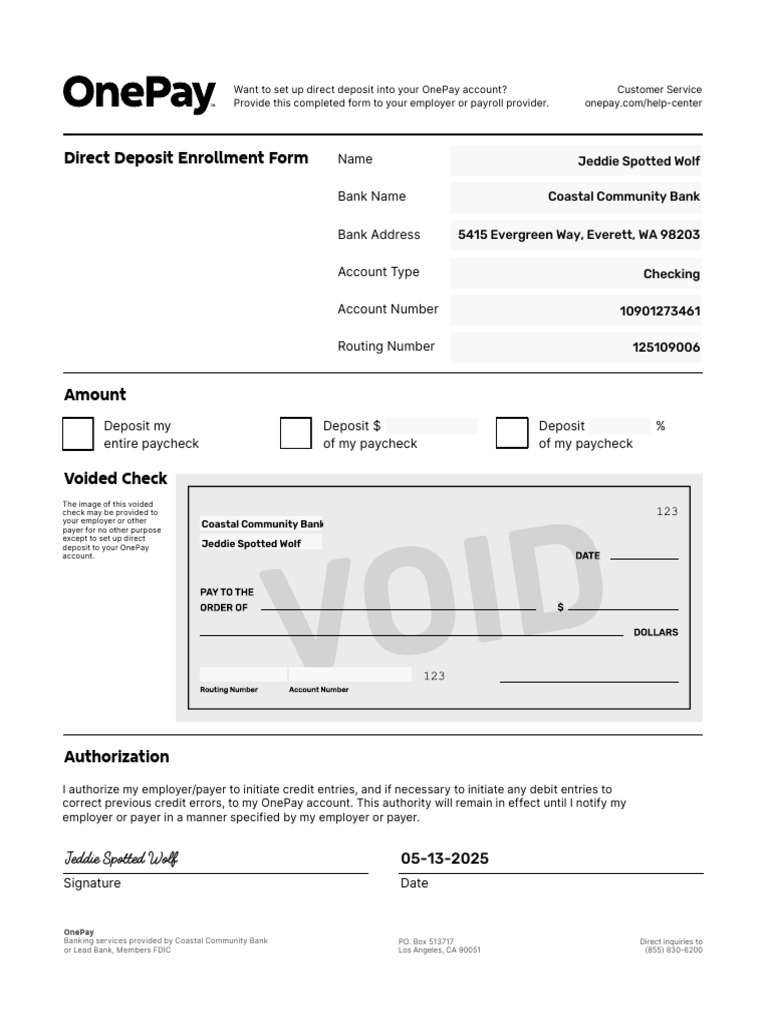 OnePay Direct Deposit Form | PDF