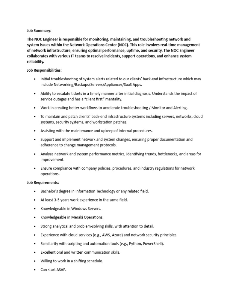NOC Engineer Job Description and Requirements | PDF