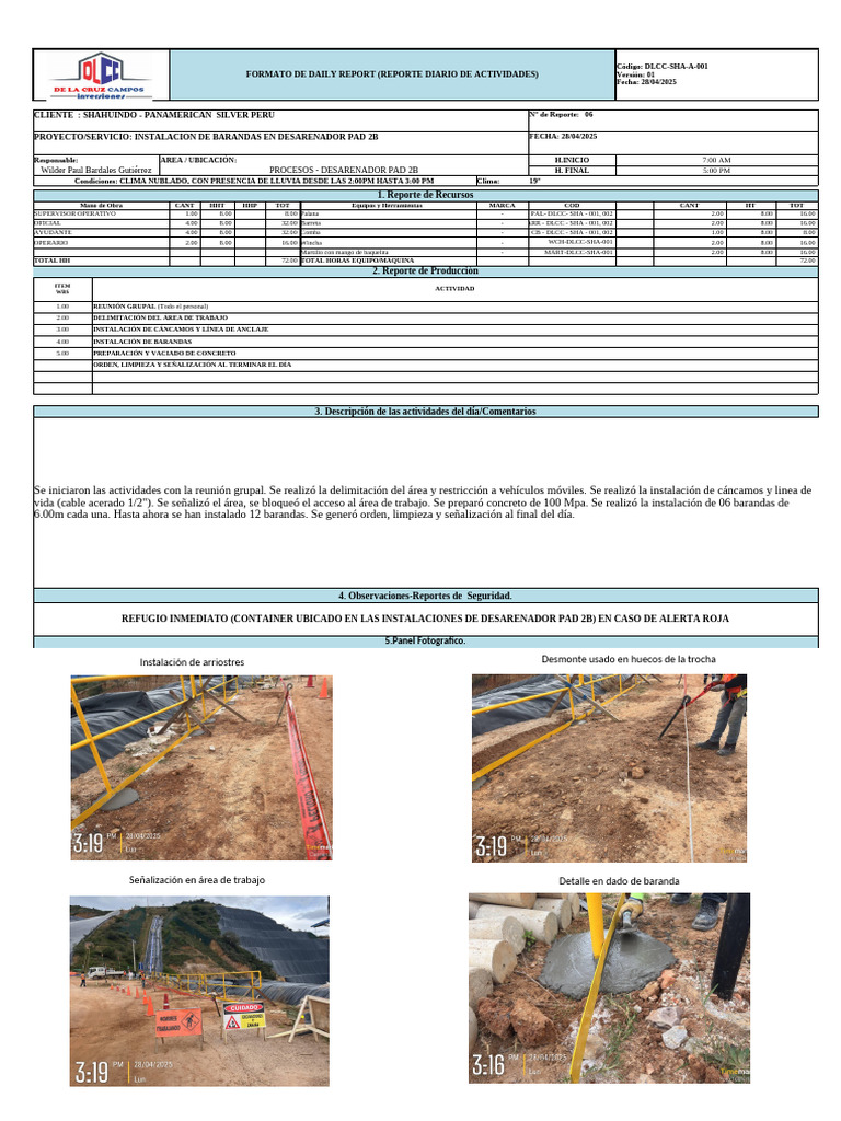 Reporte Diario Barandas Desarenador Pad 2B - DLCC 28.04.25 | PDF