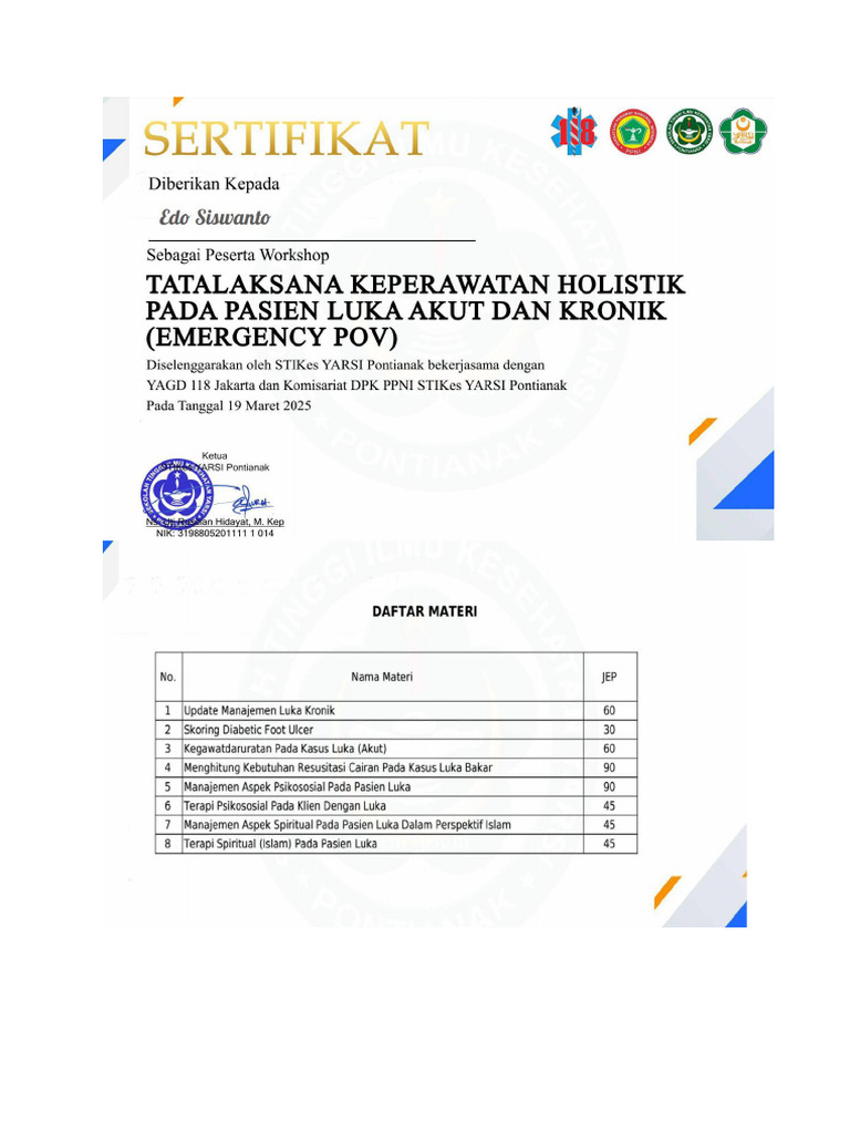 Sertifikat Workshop Tatalaksana Keperawatan Holistik Pada Luka Akut Dan ...