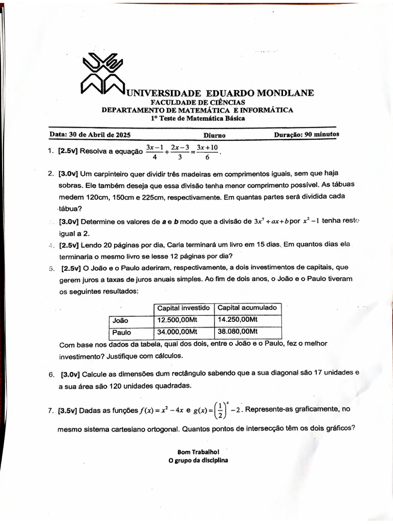 Teste 1 Matemática Básica 2025 | PDF