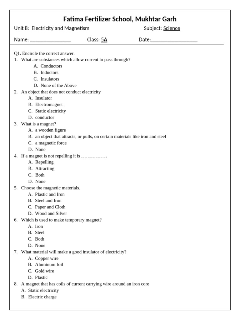 Grade 5 Electricity & Magnetism Worksheet | PDF | Electricity | Magnet