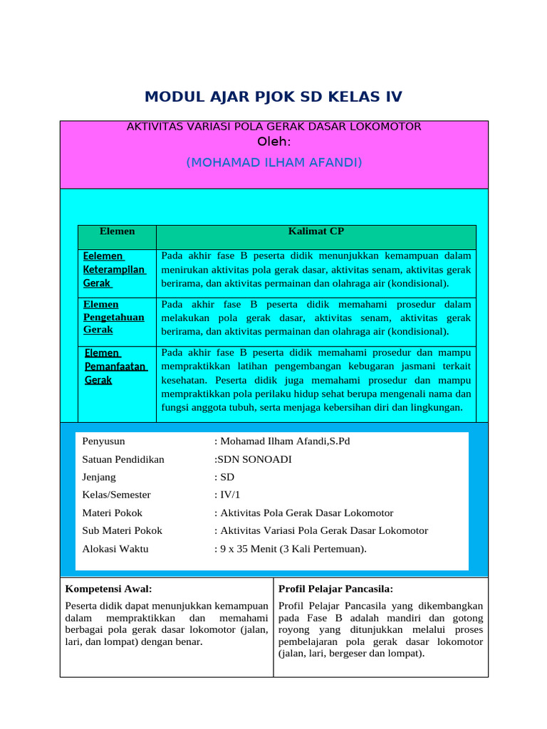 PJOK - IV - Semester 1 - M Ilham A - Aktivitas Pola Gerak Dasar Lokomotor | PDF