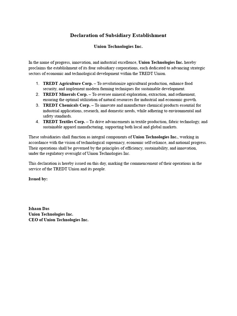 Declaration of Subsidiary Establishment UTI | PDF
