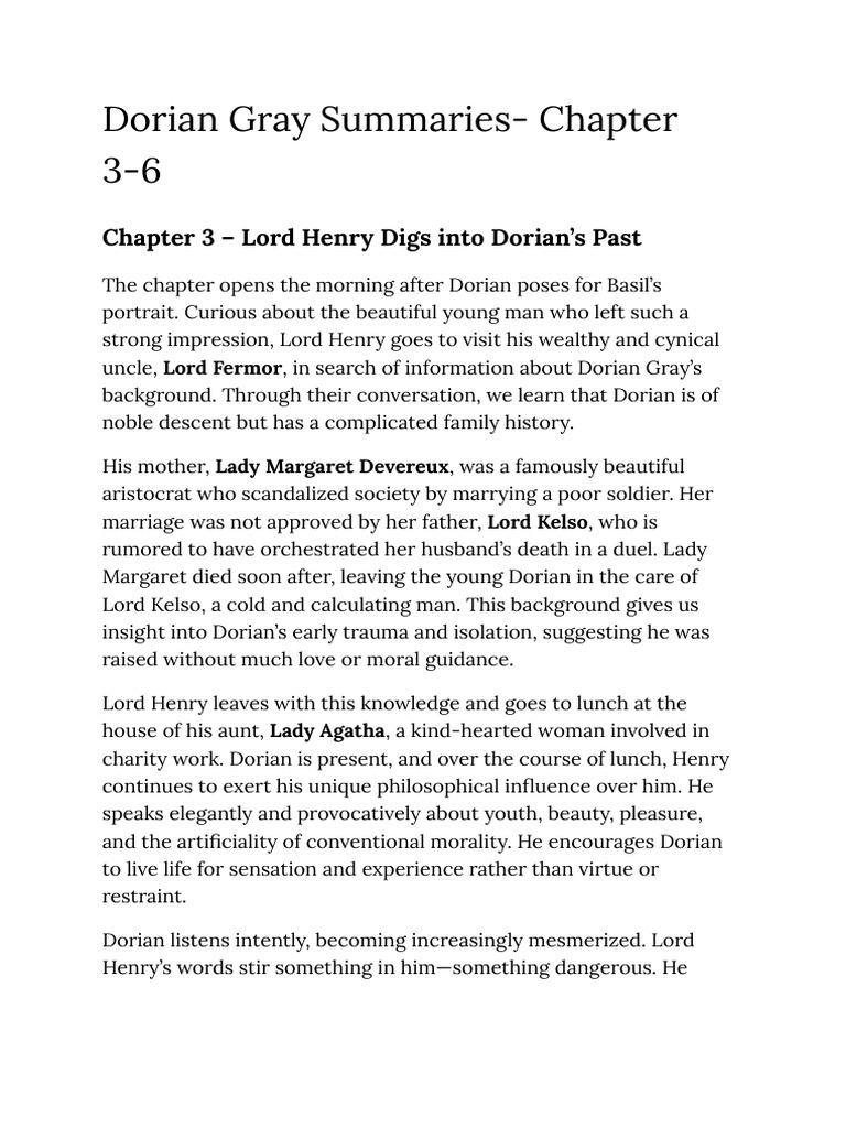 Dorian Gray: Chapters 3-6 Summary | PDF | The Picture Of Dorian Gray