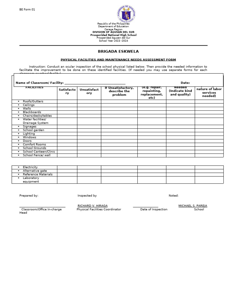 Be Form 1 Physical Facilities and Maintenance Needs Assessment Form | PDF | Classroom