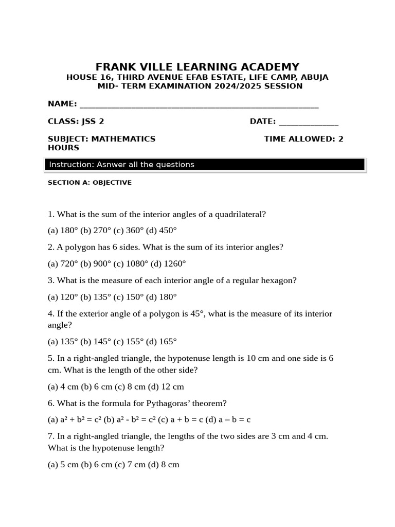 Mathematics JSS2 MID TERM TEST 3RD TERM | PDF