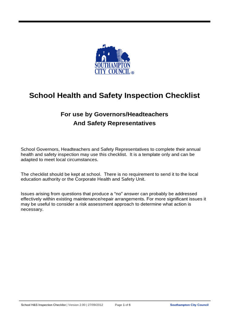 School Health and Safety Checklist | PDF | Occupational Safety And ...