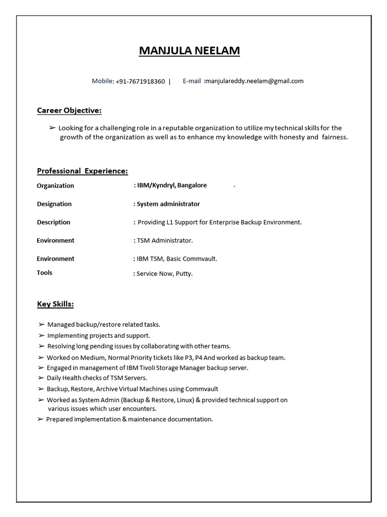 Manjula Neelam System Administration Resume | PDF | Backup | File System